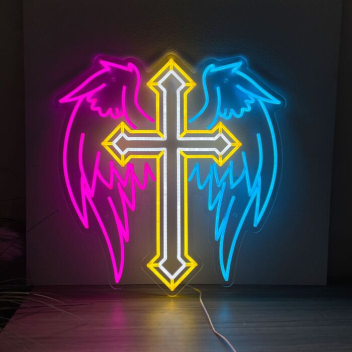 Cross With Wing Neon Sign Size And Color Neon Lights Decor Game Room ...
